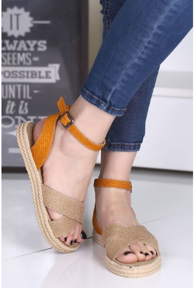 El Işçiliği Keten Hardal Rahat Bayan Sandalet