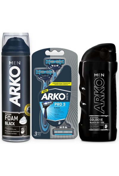 Arko Men Black Köpük 200ml ve Arko Men T3 Tıraş Bıçağı 3'lü ve Black Tıraş kolonyası 200ml Arko Men Black Köpük 200ml ve Arko Men T3 Tıraş Bıçağı 3'lü ve Black Tıraş kolonyası 200ml