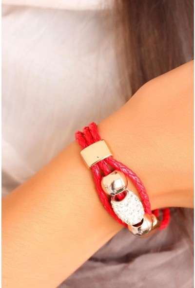 Erdmsp Parlak Taşlı Aksesuarlı Kırmızı Deri Bayan Bileklik