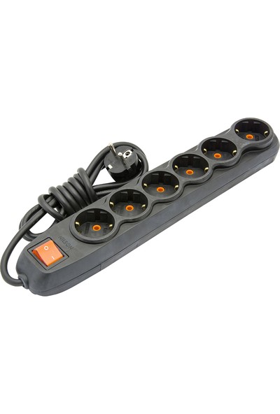 Nilson Quattro Siyah 6'lı Topraklı Anahtarlı Grup Priz 2 Metre