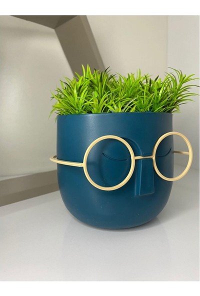 Profesör Gözlüklü Çimli Lacivert Masaüstü Saksısı / Kalem Kutusu