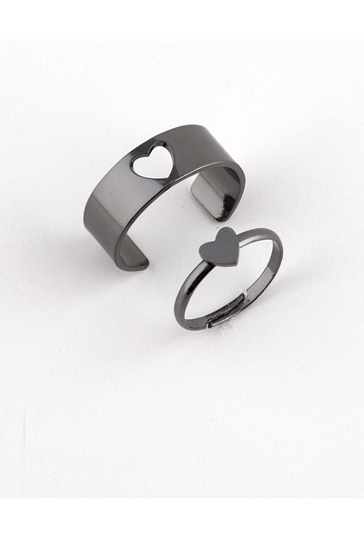 The Collection Kalp Model Ayarlanabilir Siyah 2'li Çift Sevgili ve Arkadaş Yüzüğü