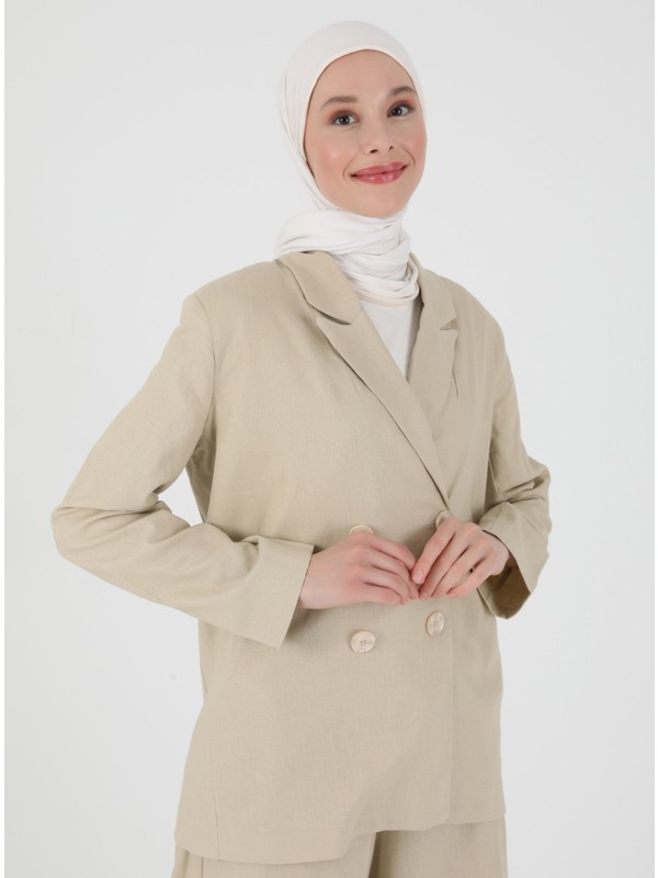 Refka Çift Kapama Keten Ceket - Bej - Refka Casual Fiyatı
