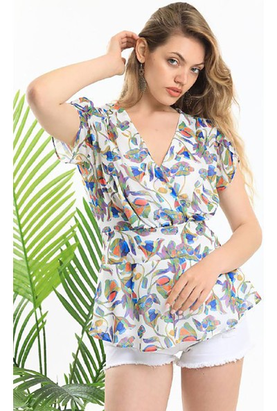 Machek Kadın V Yaka Desenli Bluz 6442400 Mavi