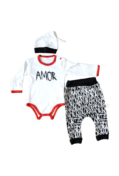 Minisse Amor (Aşk) Baskılı Organik Pamuklu Unisex 3'lü Bebek Zıbın Takımı