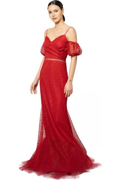 Marselia Butik Beli Motifli Açık Omuzlu Uzun Dantel Elbise Marselia Butik Beli Motifli Açık Omuzlu Uzun Dantel Elbise