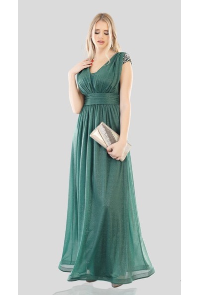 Marselia Butik Omuzları Taşlı Büzgülü Uzun Elbise - Zümrüt