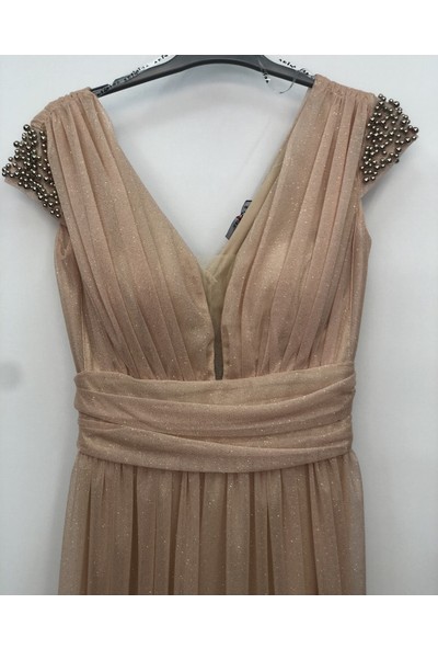 Omuzları Taşlı Büzgülü Uzun Elbise - Somon / Özel Renk