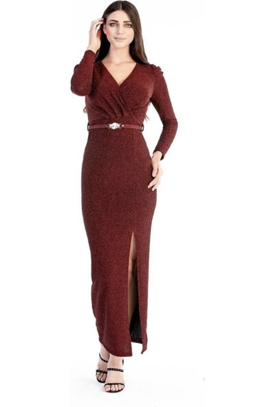 Marselia Butik Uzun Kol Kemerli Uzun Simli Elbise Marselia Butik Uzun Kol Kemerli Uzun Simli Elbise