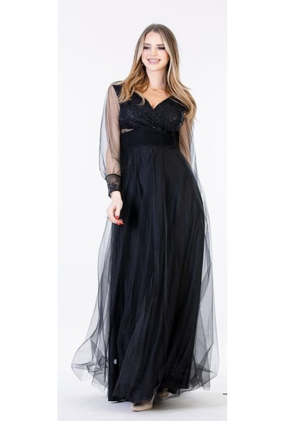 Marselia Butik 38732 - Beli Piliseli Dantel Uzun Elbise - Siyah Marselia Butik 38732 - Beli Piliseli Dantel Uzun Elbise - Siyah