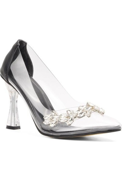 Pabucmarketi Siyah Cilt Taş Detaylı Kadın Topuklu Ayakkabı