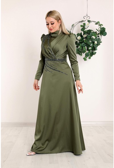 Hennin Nisaca Saten Önü Boncuk Işli Tesettür Abiye Haki Hennin Nisaca Saten Önü Boncuk Işli Tesettür Abiye Haki