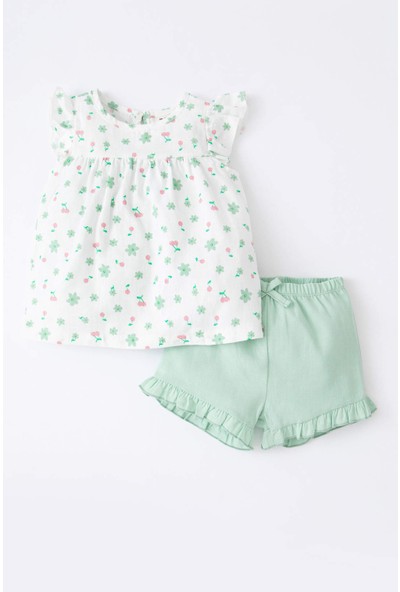 DeFacto Kız Bebek Regular Fit Keten Görünümlü Kısa Kollu Bluz Şort Keten Görünümlü Takım Y1640A222SM