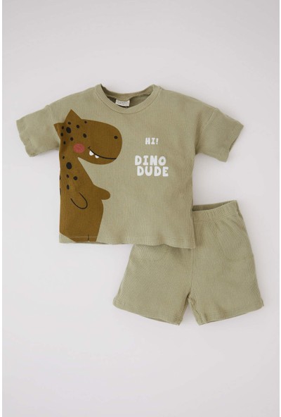 DeFacto Erkek Bebek Regular Fit Dinozor Baskılı Ribana Kısa Kollu Tişört Şort Takım Y5939A222SM