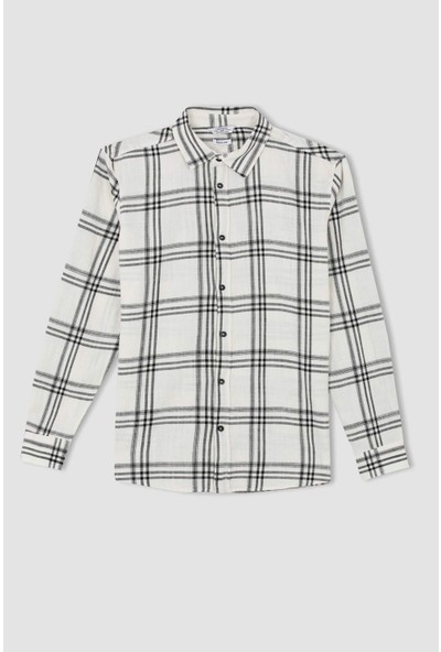 DeFacto Regular Fit Polo Yaka Baskılı Poplin Uzun Kollu GÖMLEK Y4849AZ22HS