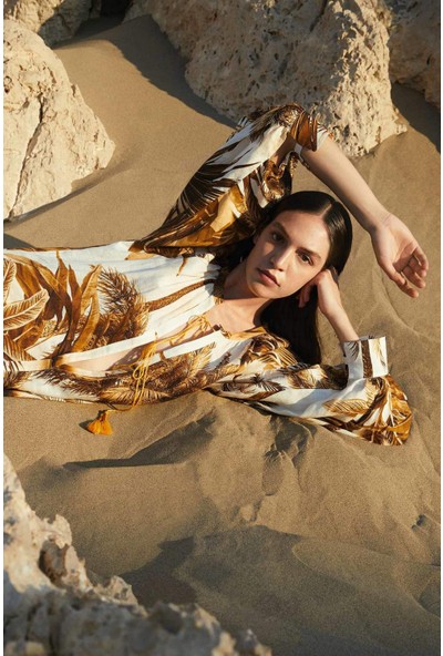 DeFacto Nefes Istanbul x Fall In Love Oversize Fit Desenli Keten Plaj KIYAFETI Z0177AZ22HS