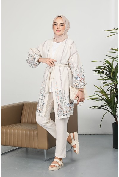 İlkimay Kolları Lastikli Kuşaklı Kimono Pantolon Ikili Tesettür Takım 315 - Bej İlkimay Kolları Lastikli Kuşaklı Kimono Pantolon Ikili Tesettür Takım 315 - Bej