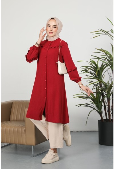 İlkimay Kolları Fırfır Detaylı Önden Düğmeli Ayrobin Tesettür Tunik 311 - Bordo İlkimay Kolları Fırfır Detaylı Önden Düğmeli Ayrobin Tesettür Tunik 311 - Bordo