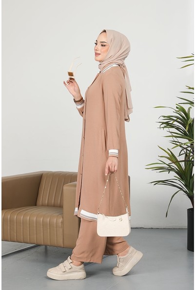 İlkimay Şerit Detaylı Düğmeli Ayrobin Asel Tesettür Tunik Pantolon Ikili Takım 314 - Vizon İlkimay Şerit Detaylı Düğmeli Ayrobin Asel Tesettür Tunik Pantolon Ikili Takım 314 - Vizon