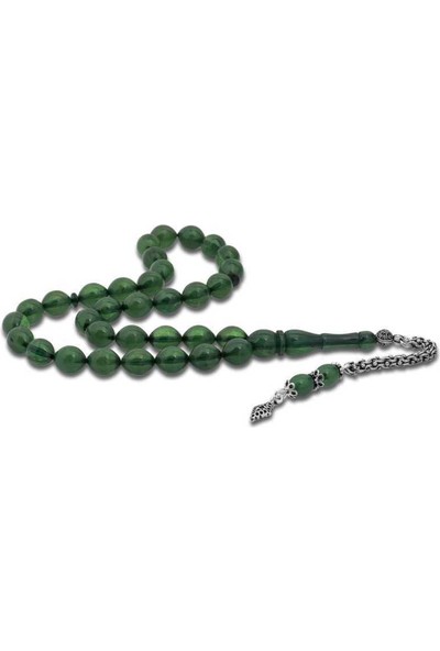 Gümüş Püsküllü Yeşil Toz Kehribar Tesbih