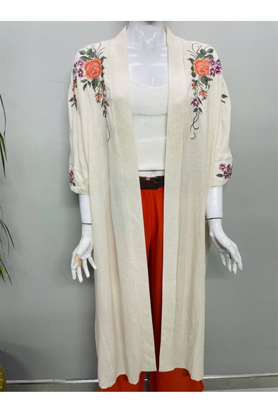 Endrose Nakışlı Uzun Keten Kimono -Ayriss