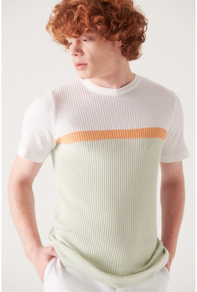 AVVA Bisiklet Yaka Çizgili Kısa Kol T-Shirt_ekru-Gri