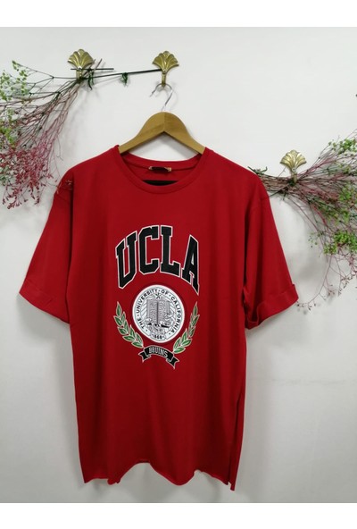 Afili Kırmızı Büyük Beden Baskılı Katlamalı Kol Tshirt