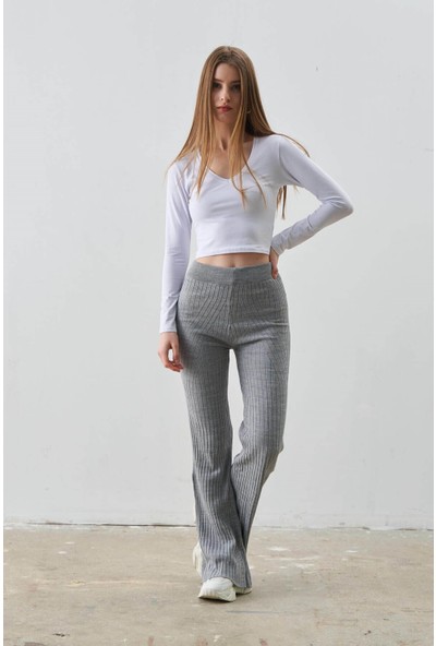 Flare Paça Triko Tayt - Gri