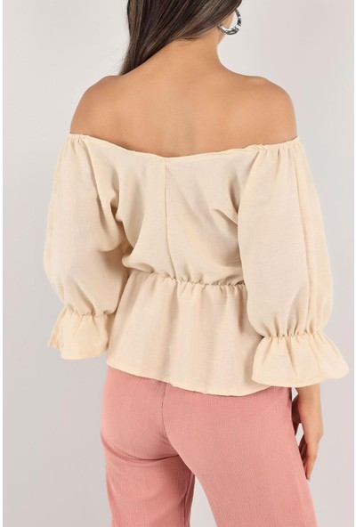 Enough Bej Keten Ön Arka V Yaka Bluz