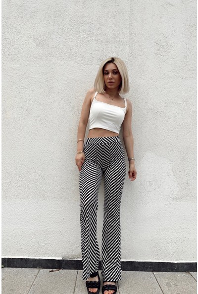 İksora Kadın Geometrik Desen Yüksek Bel Ispanyol Paça Pantolon