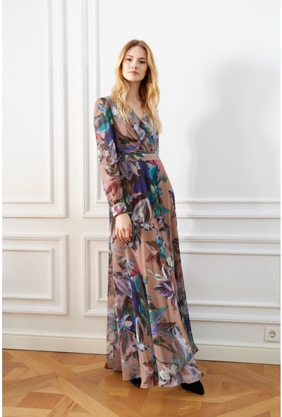 Moda Çizgi Şifon Uzun Elbise