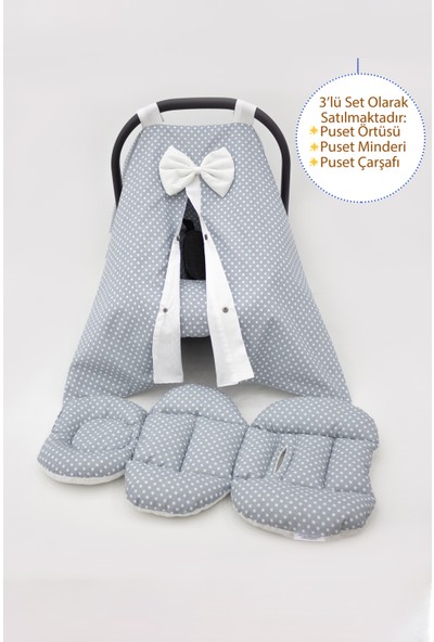 mordesign Ortopedik Puset Minderi, Örtü ve Çarşaf 3' Lü Set, Askı Stil Puantiyeli Seri Gri