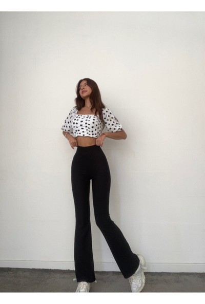 AÈC PRIVÈ Kadın Siyah Yüksek Bel Fitilli Ispanyol Paça Tayt Pantolon AÈC PRIVÈ Kadın Siyah Yüksek Bel Fitilli Ispanyol Paça Tayt Pantolon