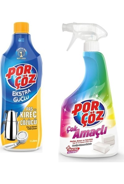 Porçöz Kireç ve Pas Sökücü 1 lt + Porçöz Çok Amaçlı Sprey 750 ml Marsilya Sabunlu Porçöz Kireç ve Pas Sökücü 1 lt + Porçöz Çok Amaçlı Sprey 750 ml Marsilya Sabunlu
