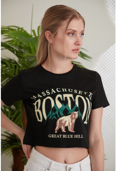 Alesgerov Boston Baskılı %100 Cotton Crop T-Shirt
