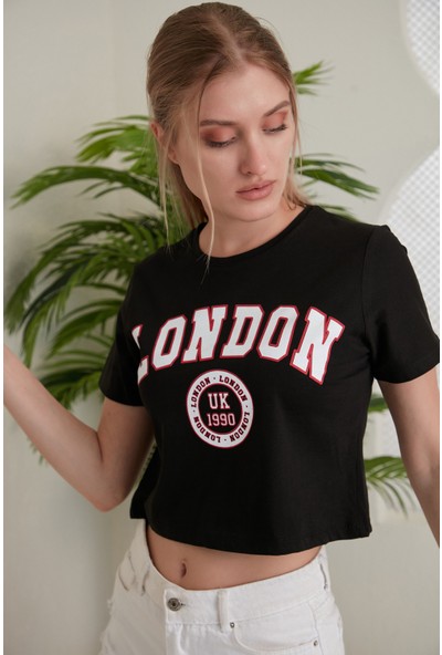 Alesgerov London Baskılı %100 Cotton Crop T-Shirt
