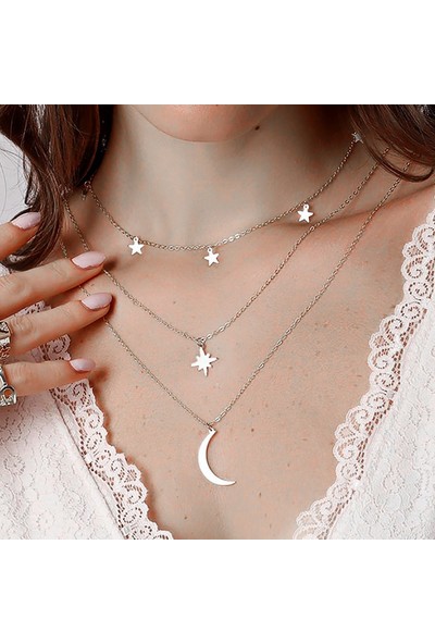 Balem Gümüş Renk Kutup Yıldızı ve Hilal Figürlü Çok Katmanlı Kombin Kolye Balem Gümüş Renk Kutup Yıldızı ve Hilal Figürlü Çok Katmanlı Kombin Kolye