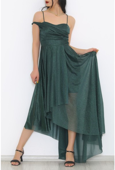 Beli Pileli Simli Abiye Koyuyeşil - 39438.100. Beli Pileli Simli Abiye Koyuyeşil - 39438.100.