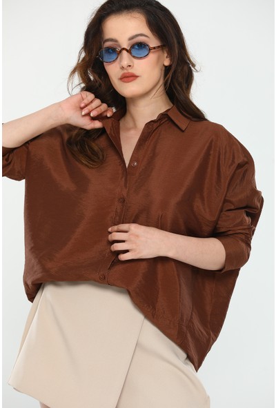 Kahve Kadın Oversize Uzun Kollu Ayrobin Gömlek P-040321 Kahve Kadın Oversize Uzun Kollu Ayrobin Gömlek P-040321