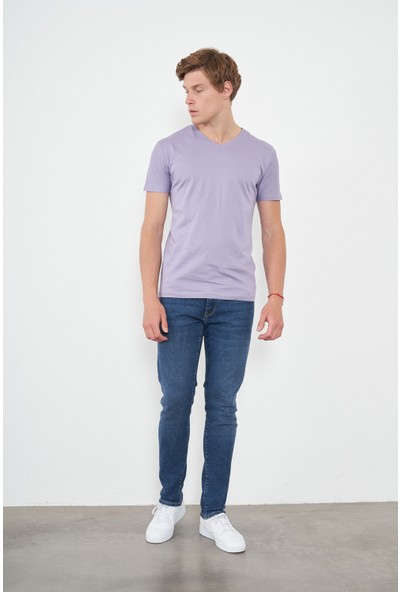 Çetinkaya Mentality V Yaka Basic Sisli Mor T-Shirt