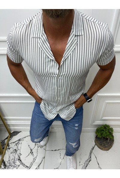 Lakka Man Gömlek Outfit Beyaz Siyah Çizgili