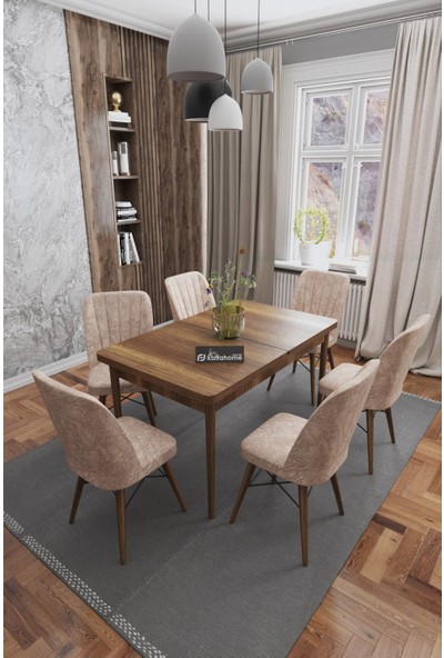Kaffa Home Walnut Serisi E1 Belgeli Soho Suntalem 80X130 Açılabilir Masa Takımı 6 Sandalyeli - Cappucino Kaffa Home Walnut Serisi E1 Belgeli Soho Suntalem 80X130 Açılabilir Masa Takımı 6 Sandalyeli - Cappucino