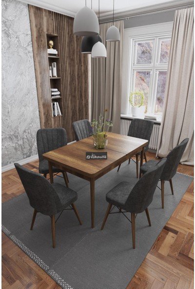 Kaffa Home Walnut Serisi E1 Belgeli Soho Suntalem 80X130 Açılabilir Masa Takımı 6 Sandalyeli - Gri Kaffa Home Walnut Serisi E1 Belgeli Soho Suntalem 80X130 Açılabilir Masa Takımı 6 Sandalyeli - Gri