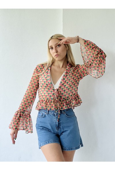 Retrobird Volanlı Bağlıklı Şifon Bluz Kadın Çok Renkli
