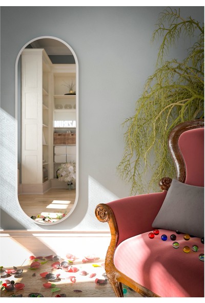 Beyaz Oval Dekoratif Boy Aynası 150 x 50 cm