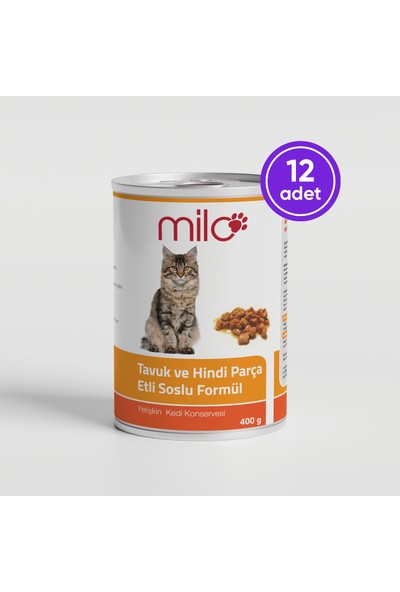 Milo Tavuk ve Hindi Parça Etli Soslu Kedi Konservesi 400gr x 12 adet Milo Tavuk ve Hindi Parça Etli Soslu Kedi Konservesi 400gr x 12 adet