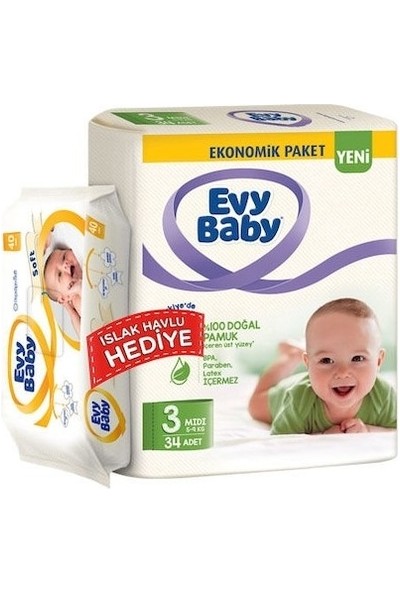 Evy Baby Bebek Bezi 3 Numara Midi Ekonomik Paket 34 Adet + Islak Havlu 40'lı Evy Baby Bebek Bezi 3 Numara Midi Ekonomik Paket 34 Adet + Islak Havlu 40'lı