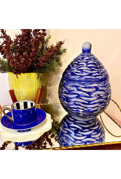 Mavi Kapaklı Cam Şekerlik, Lokumluk, Sunumluk & Ikramlık-El Yapımı -21X13