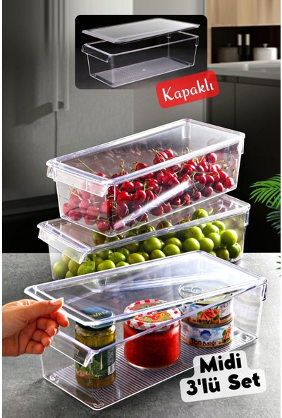 Nandy Home Kapaklı Midi Tall Clear Buzdolabı & Dolap Içi Düzenleyici Organizer 3 Adet Nandy Home Kapaklı Midi Tall Clear Buzdolabı & Dolap Içi Düzenleyici Organizer 3 Adet