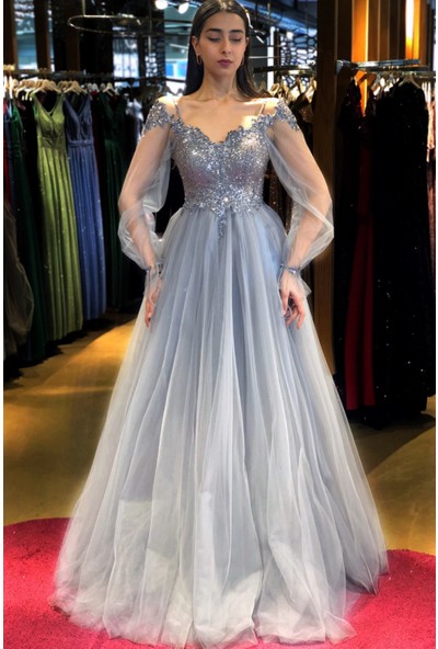 Abiyeniall Abiyenial Uzun Balon Kollu Tül Prenses Abiye Elbise Gri 6981